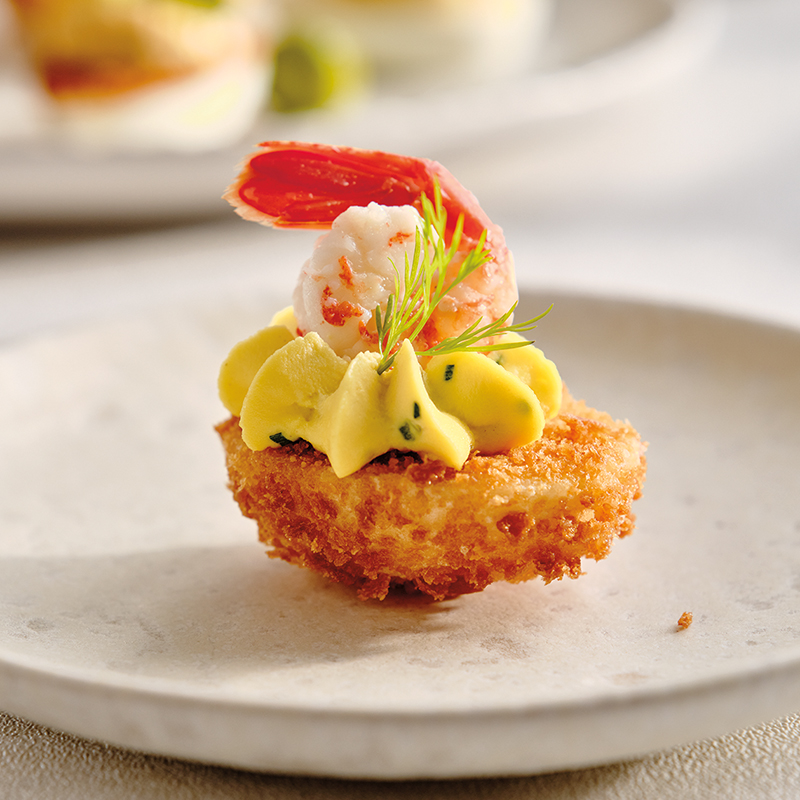 Fried Devilled Eggs with Vodka-Poached Spot Prawns